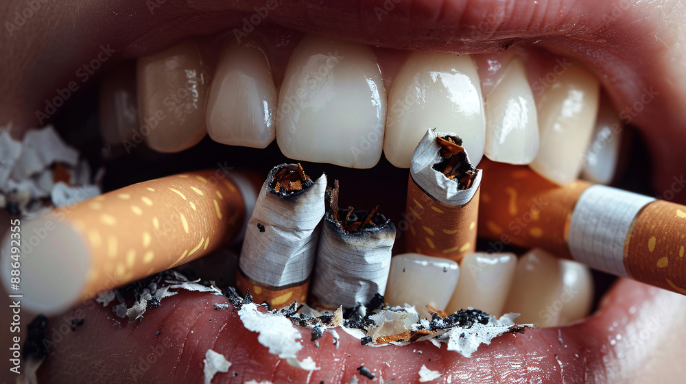A person's mouth is full of cigarette butts and teeth. Concept of ...