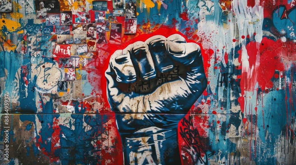 The theme of protest and struggle is embodied by collage style images ...