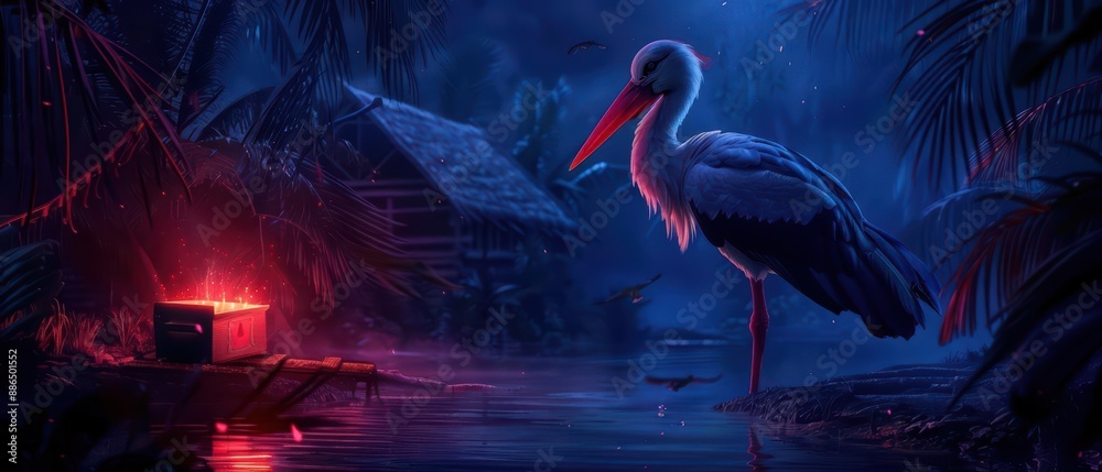 A stork dressed as a postman is delivering glowing letters in an ...