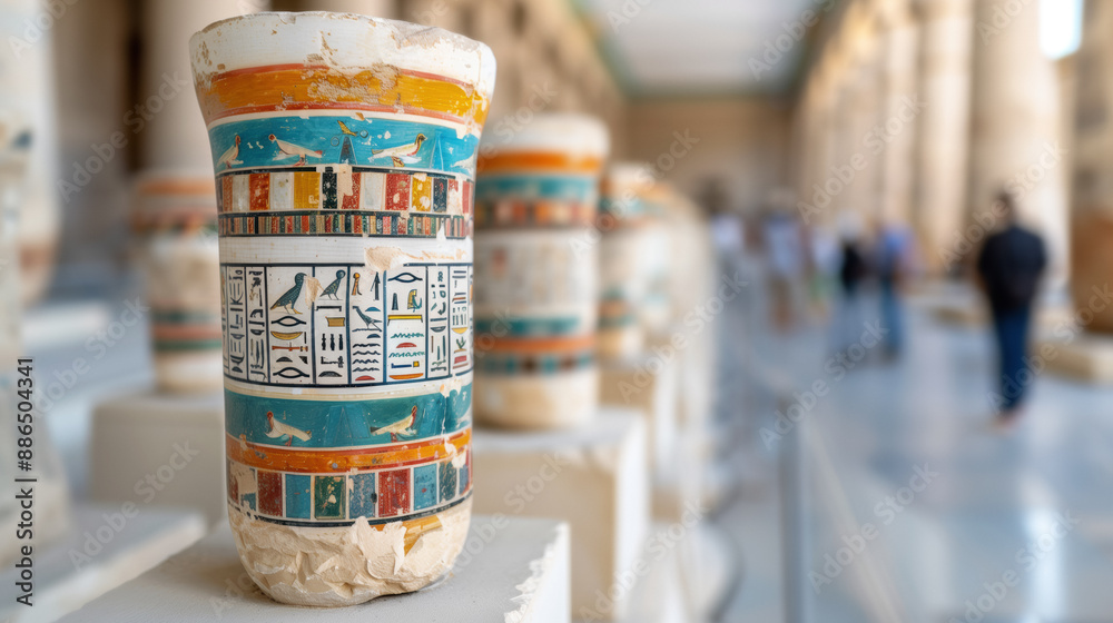 Close-up of an ancient Egyptian artifact with hieroglyphics and ...