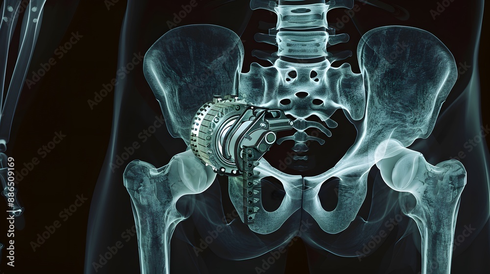 X-Ray of a Hip Replacement: X-ray image of a human hip with a ...