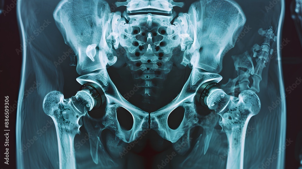X-Ray of a Hip Replacement: X-ray image of a human hip with a ...