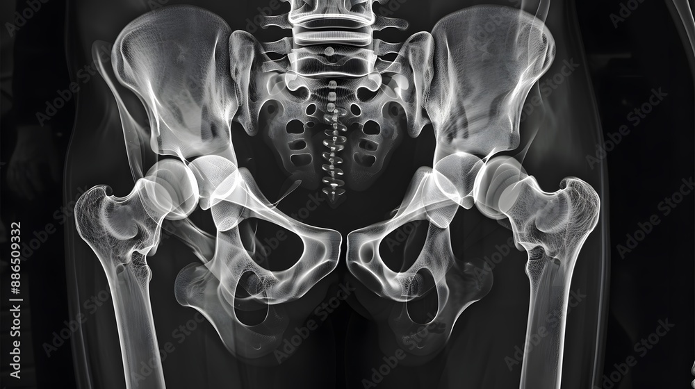 X-Ray of a Hip Replacement: X-ray image of a human hip with a ...