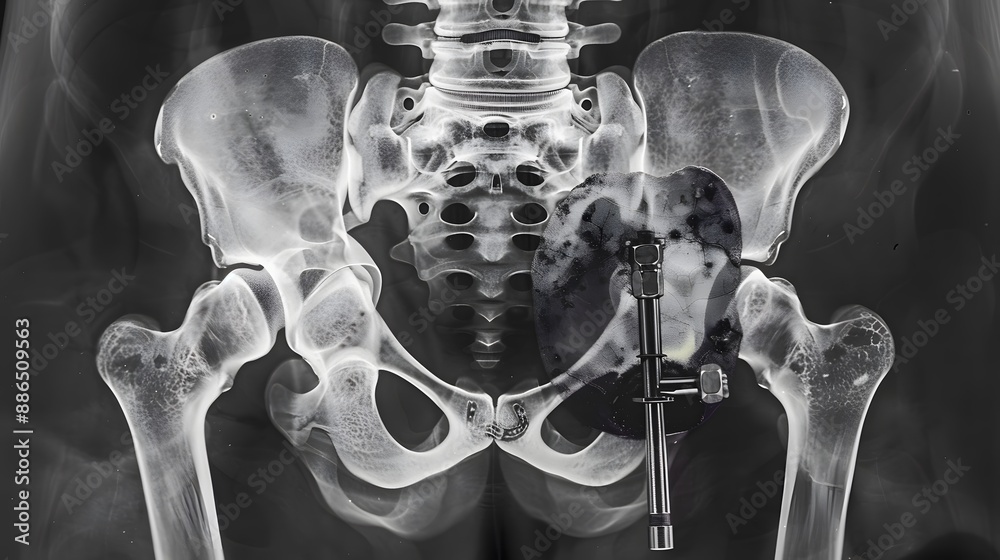 Foto de X-Ray of a Hip Replacement: X-ray image of a human hip with a ...
