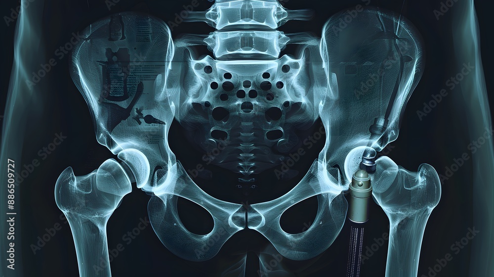 X-Ray of a Hip Replacement: X-ray image of a human hip with a ...