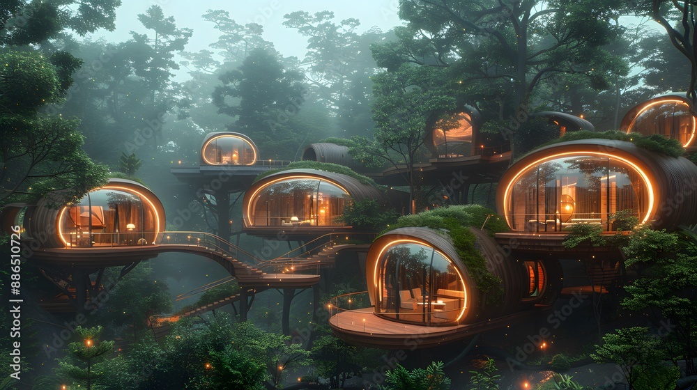 A futuristic treehouse resort nestled in a lush rainforest canopy. Sleek pods with curved glass ...