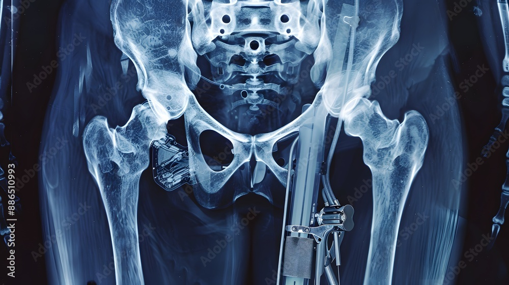 X-Ray of a Hip Replacement: X-ray image of a human hip with a ...