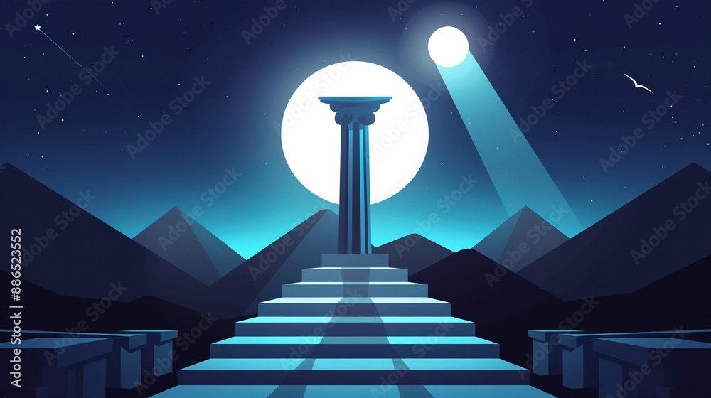 Ancient ruins glowing under a full moon, with cryptic symbols and a ...