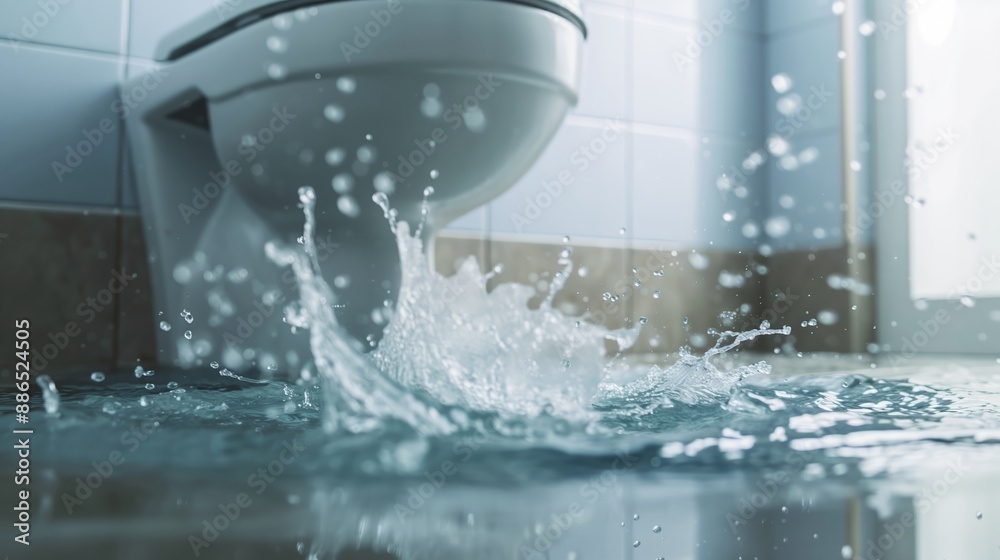 Overflowing toilet bowl with water spilling over onto bathroom floor ...