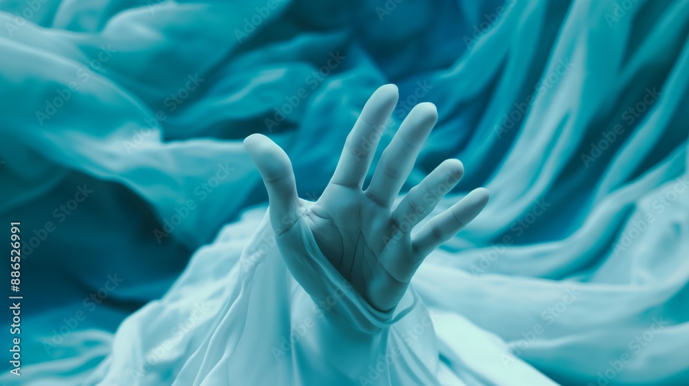 A hand is shown in a blue and white background. Scene is mysterious and ...