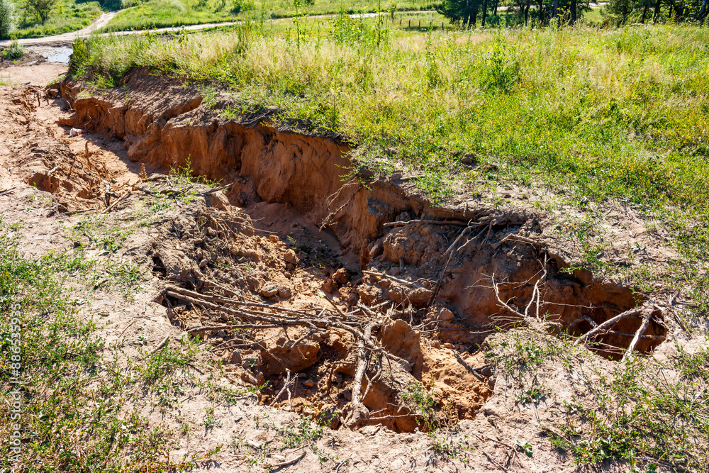 Formation of a ravine on a sandy slope due to erosion by water flows ...