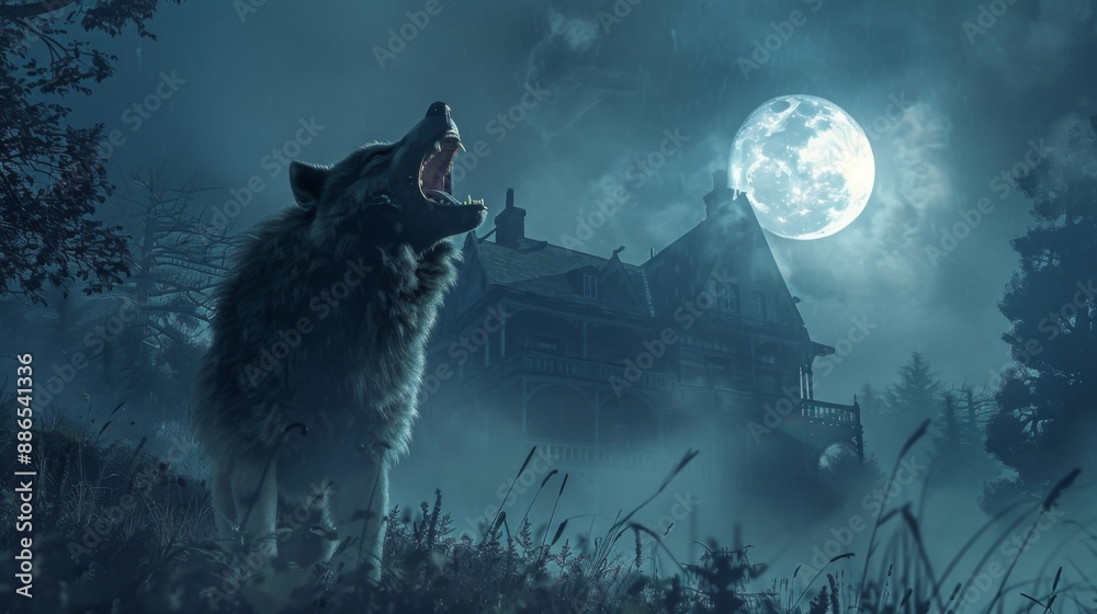 Hairy aggressive Werewolf growling in the moonlight over a full moon ...
