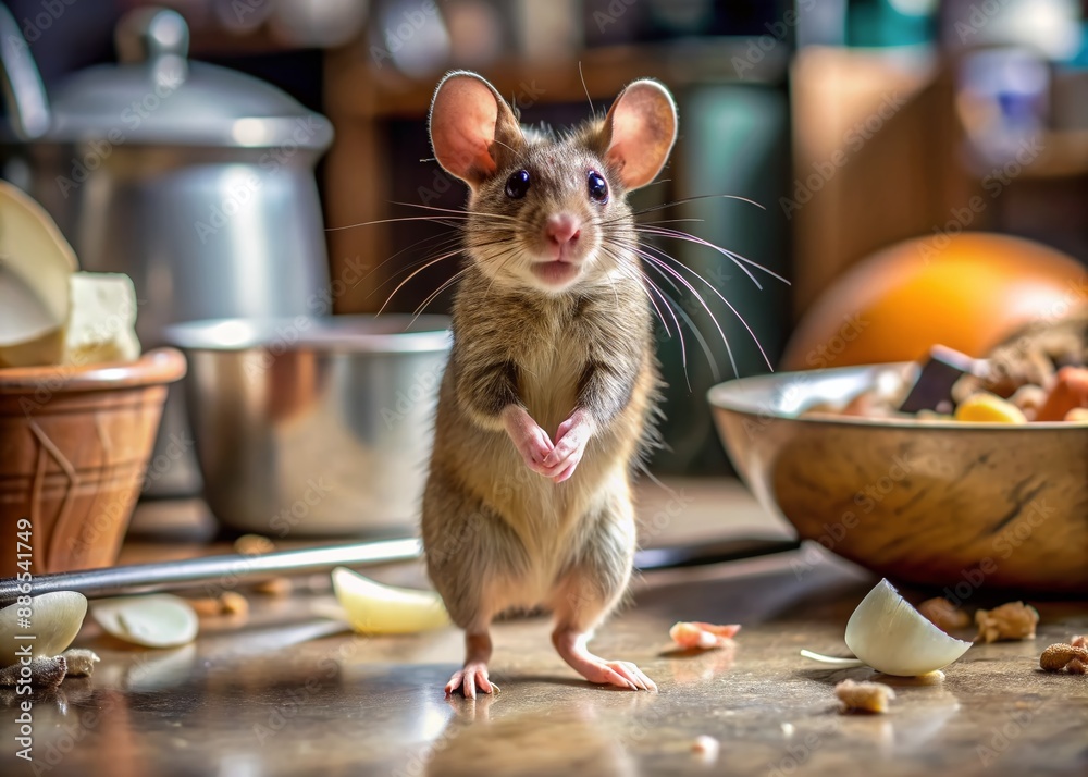 Curious house mouse, Mus musculus, stands upright on hind legs ...