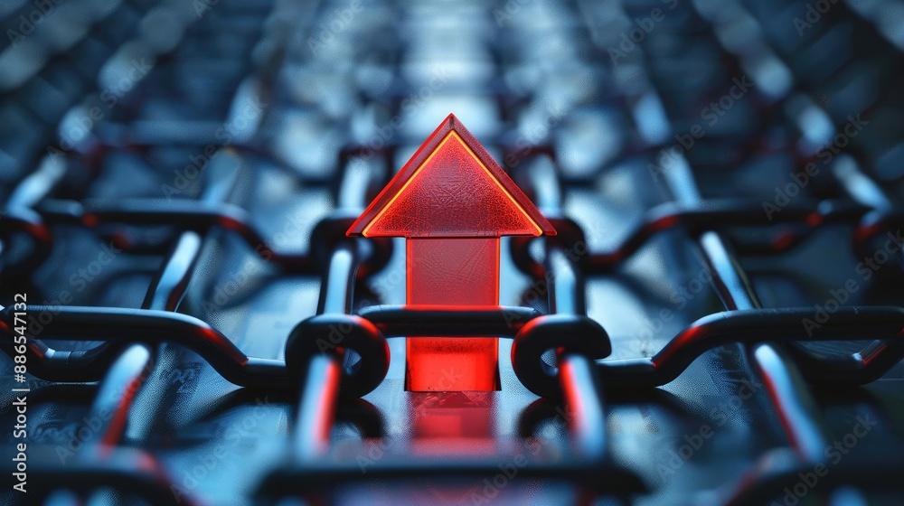A glowing red arrow rises through intersecting metal chains ...
