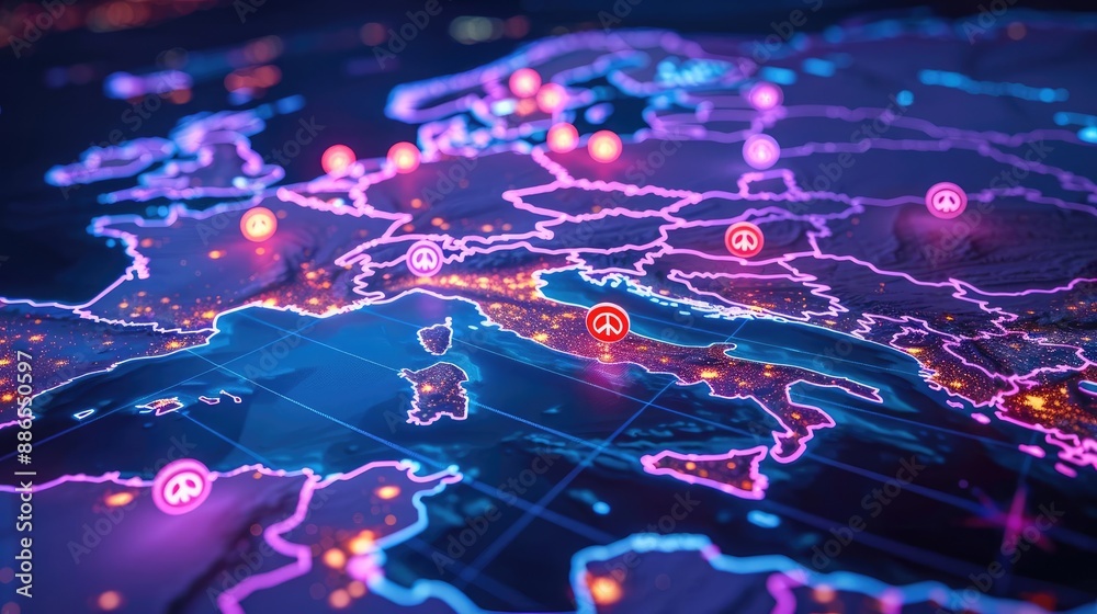 Digital map with highlighted conflict zones, overlaying news headlines ...