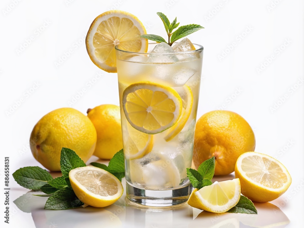 Refreshing glass of fresh homemade lemonade with ice and lemon slice garnish, isolated on ...