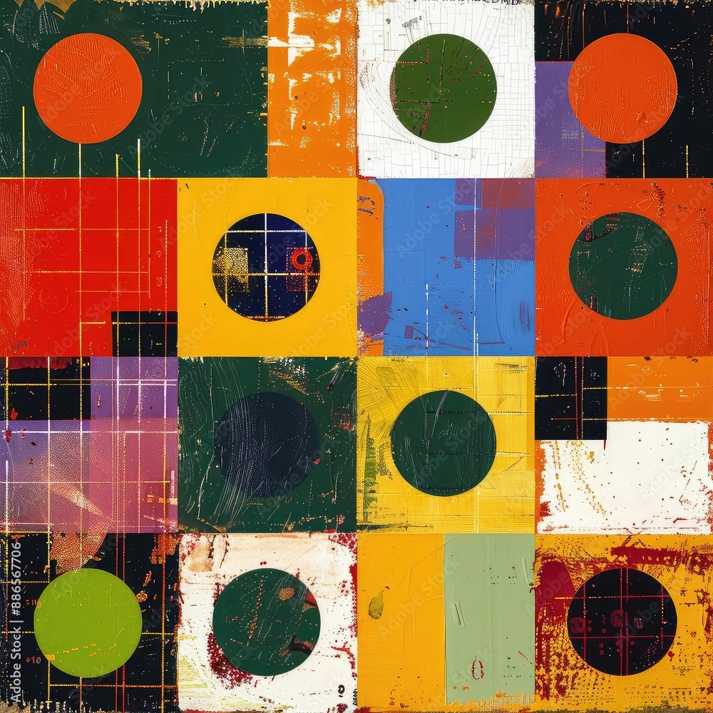 An abstract painting with a grid of multicolored squares. Each square ...