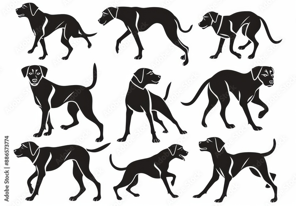 Hunting hound dog silhouettes on white background. Foxhounds and dogs ...