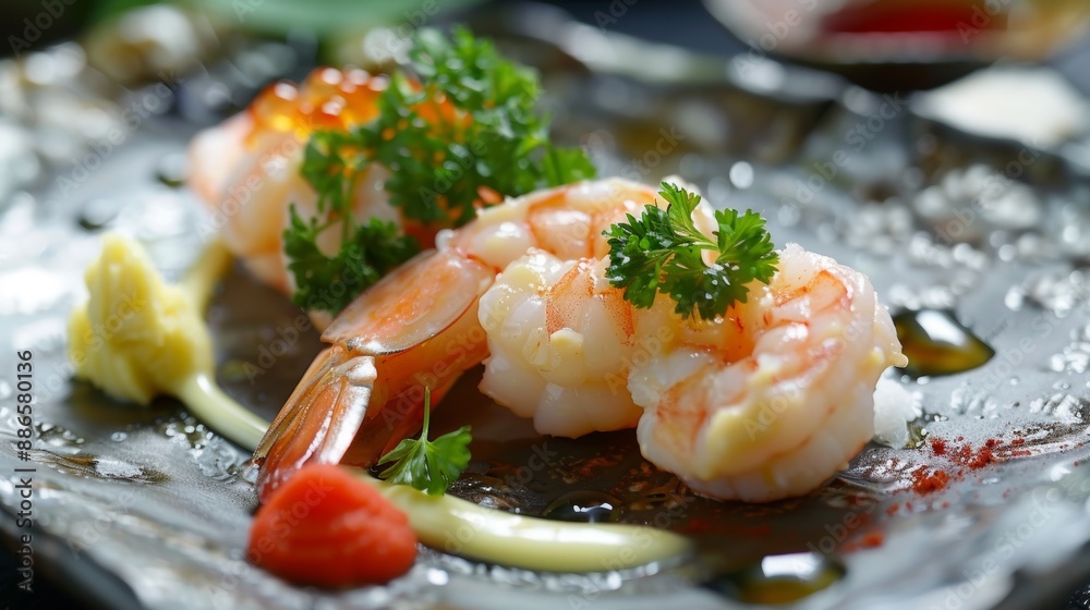 The national cuisine of Japan. An appetizer of fragrant shrimp with ...