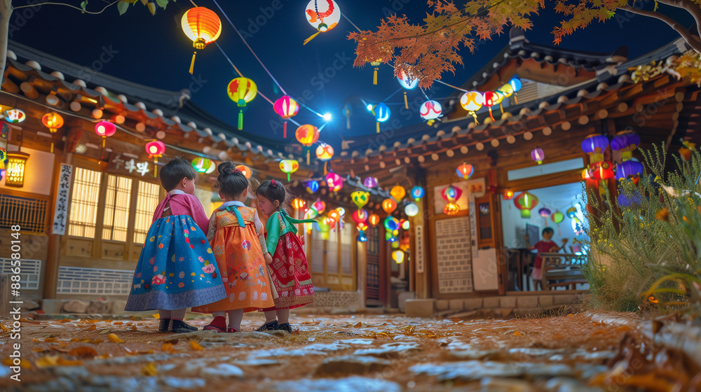 Children wearing hanbok play in the yard of a traditional Korean house ...