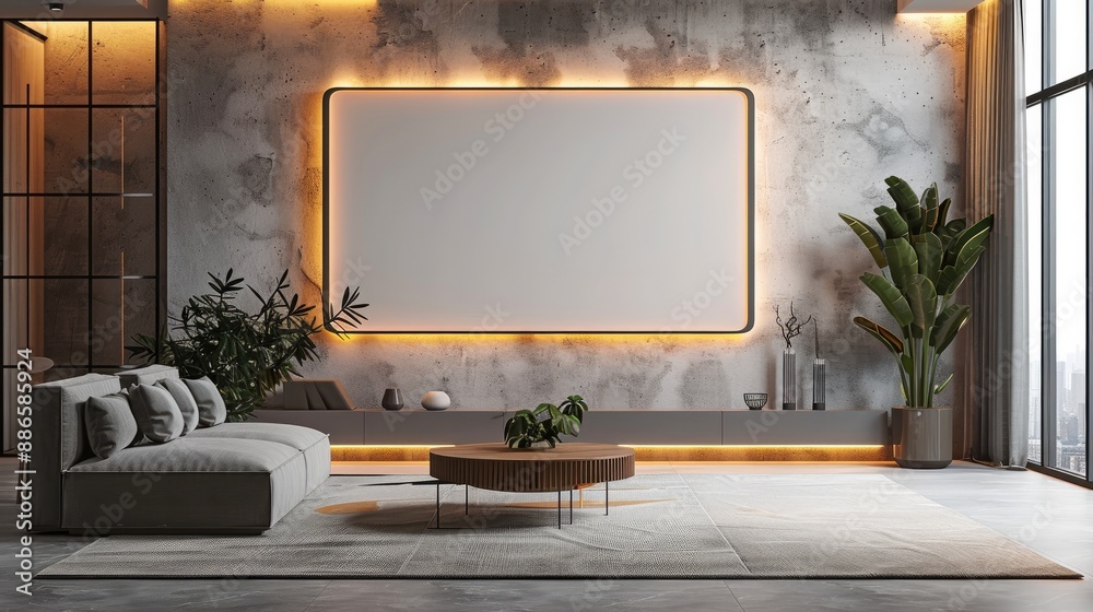 A realistic mockup of a large TV in a modern living room, wall-mounted ...