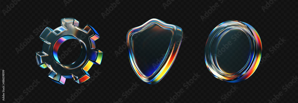 3d glass icon - gear, coin, protect shield with refraction, holographic ...