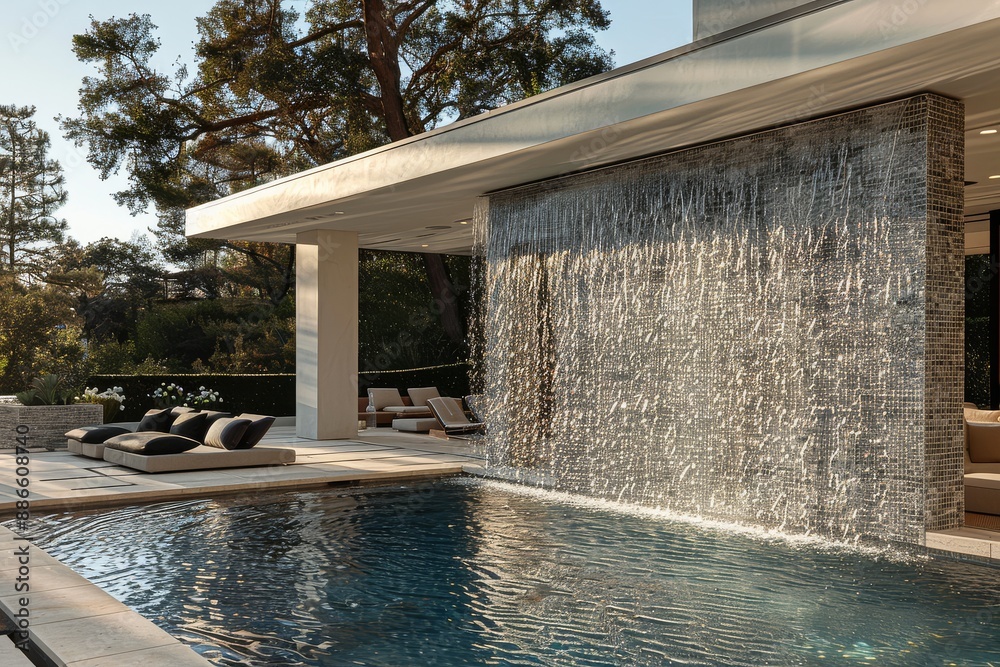 Sleek Modern Pool with Water Wall and Vibrant Mosaic Tiles in Opulent ...