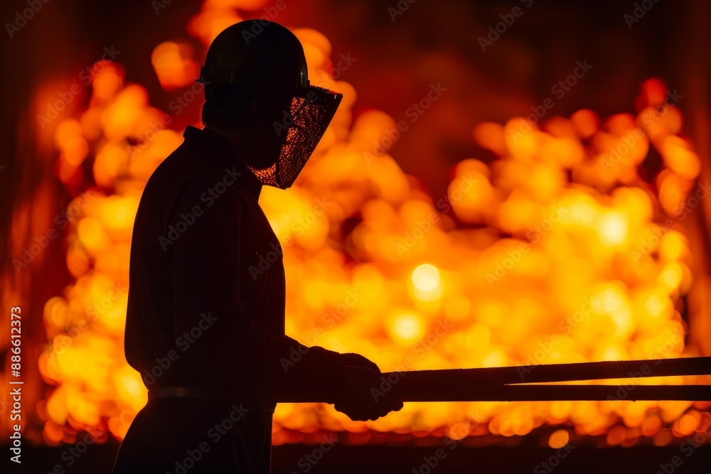 silhouette of a steelworker working in a fiery furnace at a metal ...