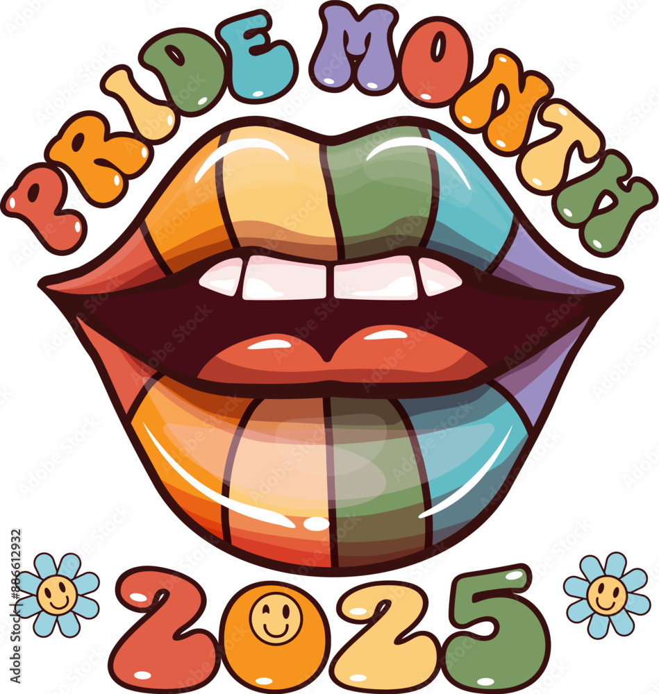 LGBT Pride month 2025 icon with lips colored in pride flag colors and ...