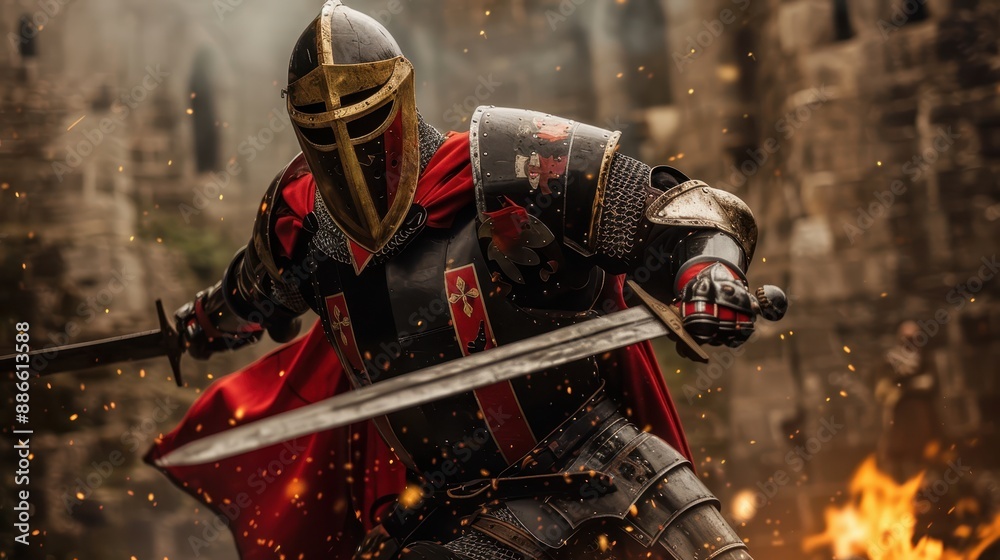 Medieval knight in shining armor with sword and shield, ready for ...