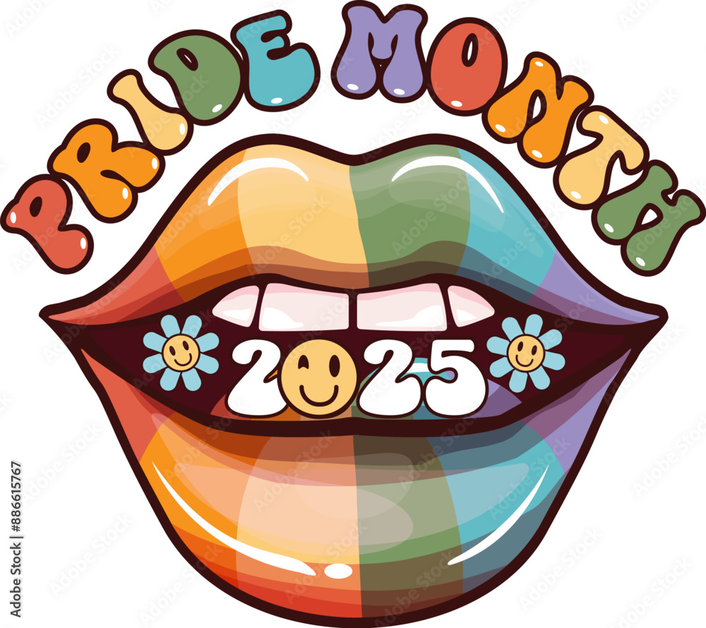 LGBT Pride month 2025 icon with lips colored in pride flag colors and ...