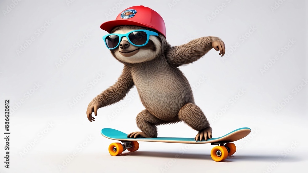 3D cartoon style of a cute Sloth riding a skateboard, wearing a ...
