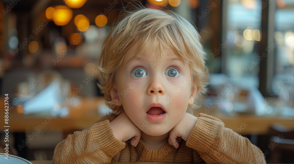 An expressive portrait of a child with wide eyes and an open mouth ...