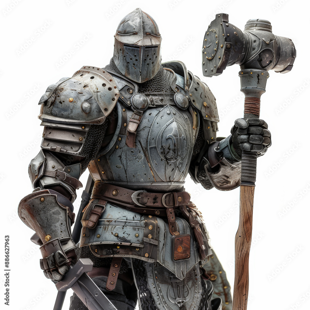 A knight in heavy armor, carrying a large war hammer, standing with a ...