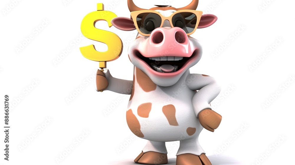 Fun 3D Cartoon Cow Character Wearing Luxury Glasses and Holding Dollar ...