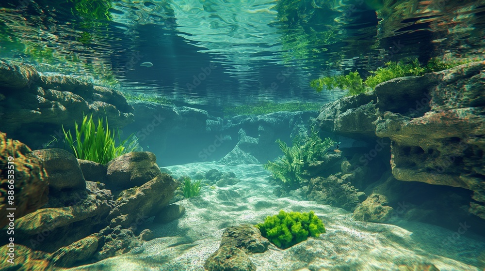 An underwater scene of a freshwater spring with crystal-clear water ...