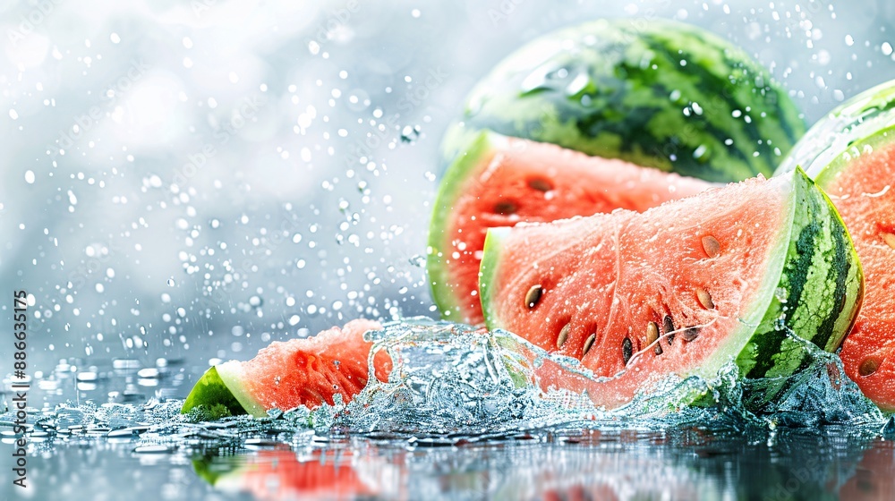 Whole and sliced seedless watermelons being rinsed with water creating ...