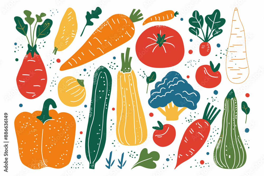 Cute cartoon vegetable vector character set. Tomato, broccoli, carrot ...