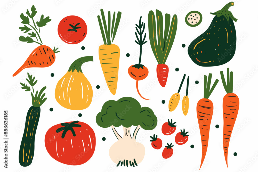 Cute cartoon vegetable vector character set. Tomato, broccoli, carrot ...