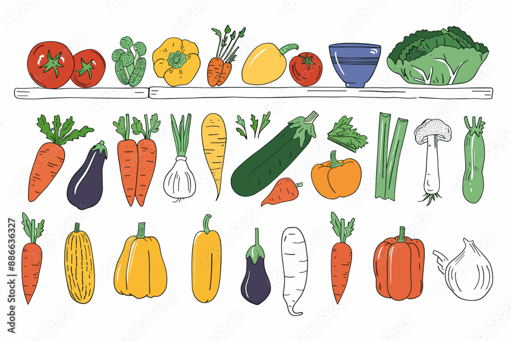 Cute cartoon vegetable vector character set. Tomato, broccoli, carrot ...