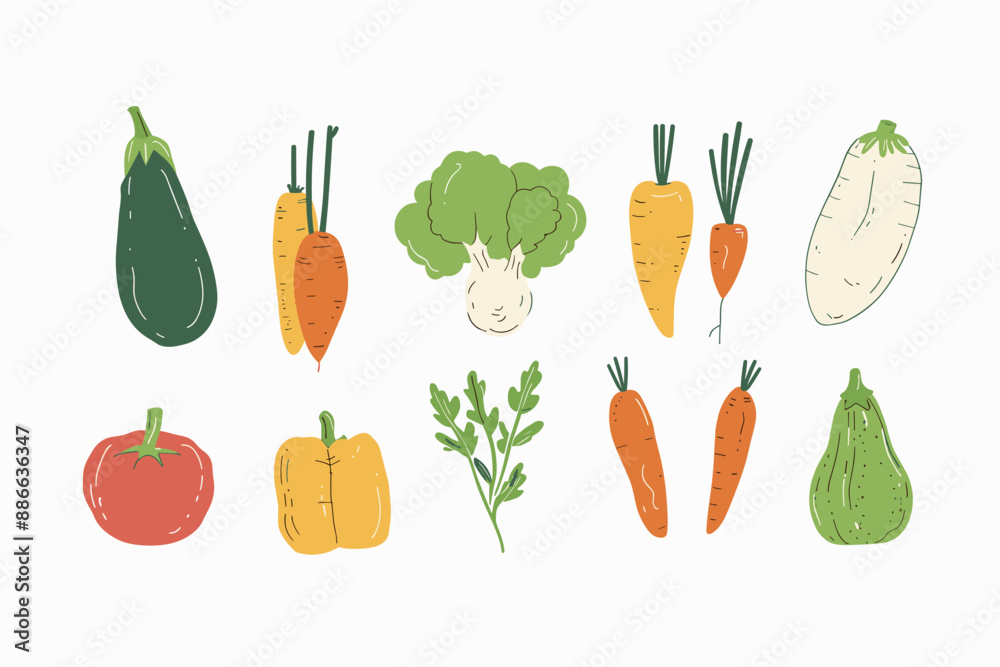 Cute cartoon vegetable vector character set. Tomato, broccoli, carrot ...