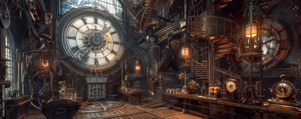 A steampunk clock tower interior, with a giant clock face, intricate ...