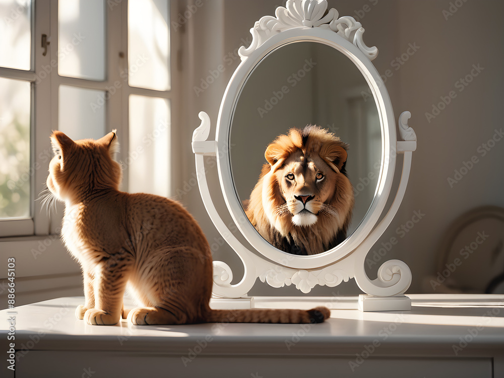 The Lion Within: A ginger cat gazes into a mirror, revealing a majestic ...
