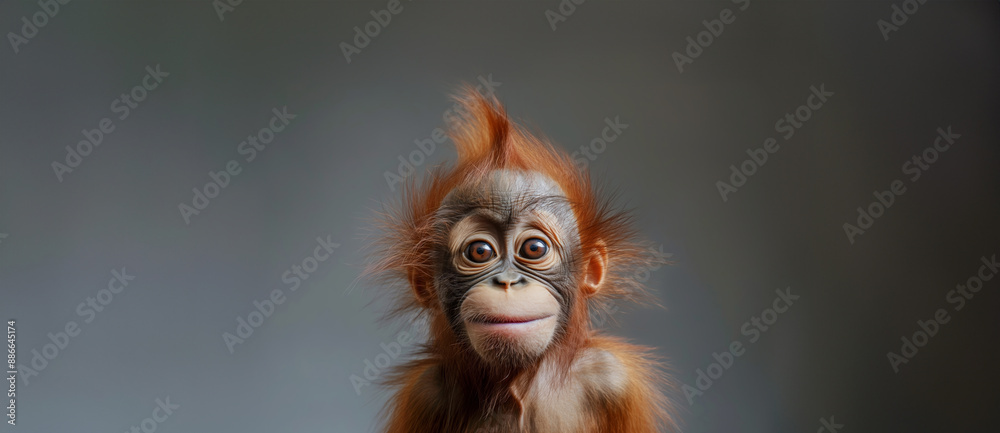 A baby monkey with adorable spiky hair is photographed in a studio ...