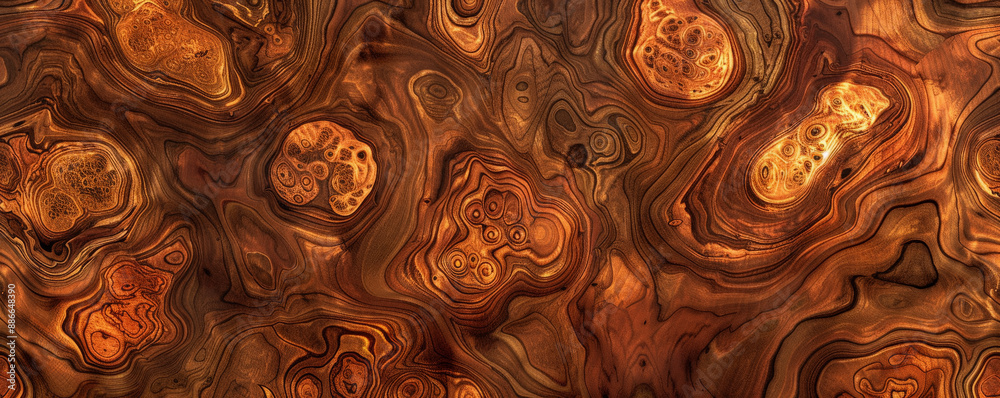 A detailed view of burl wood paneling with its unique, swirling grain ...