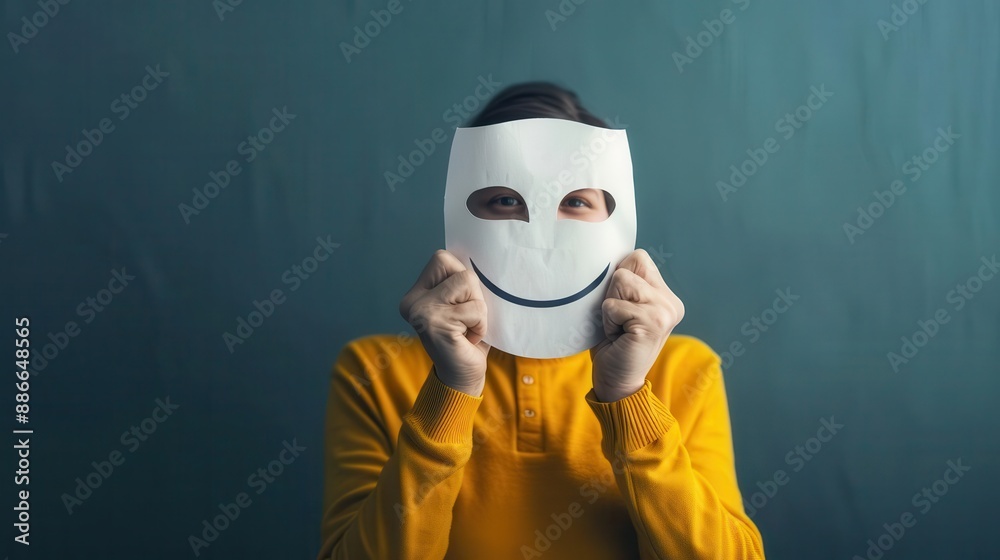 Foto de Person holding a mask with a smiley face in front of their own ...