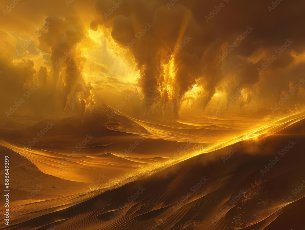 surreal desert landscape with towering sand dunes engulfed by a ...