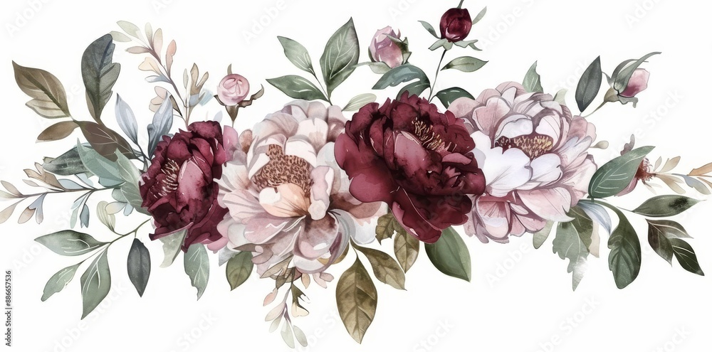 Flower watercolor illustration of burgundy flowers with leaf and buds ...