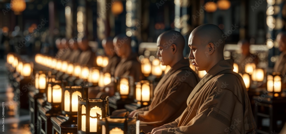 Group of monks engaging in evening chanting, temple bathed in the soft ...