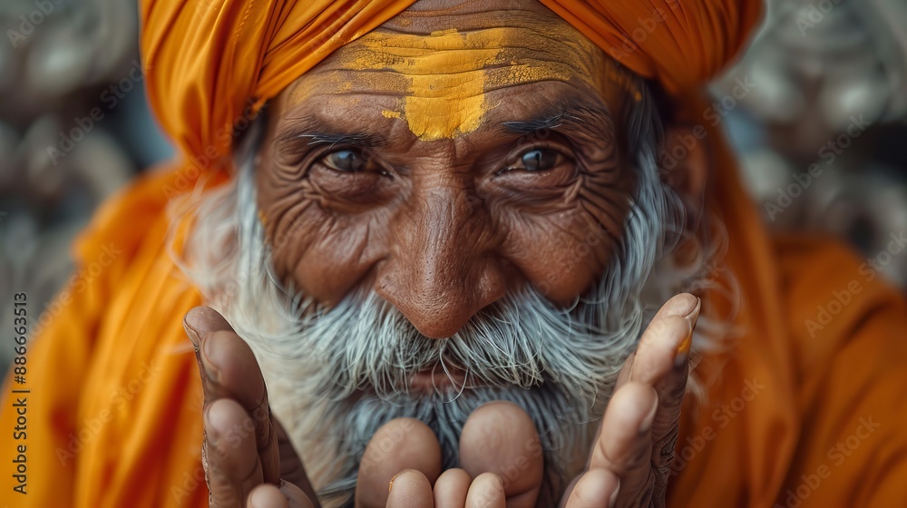 Smiling Hindu Sadhu Pandit Using Flower Blooming Gesture as ...